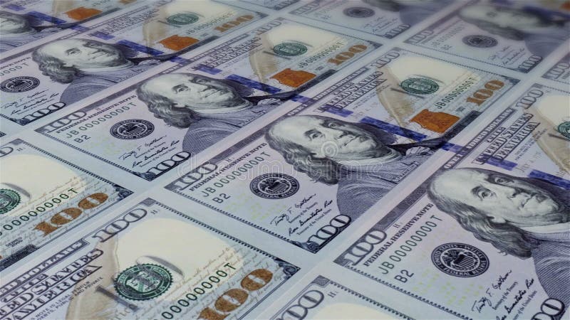 US 100 Dollar Notes Sheets Being Printed and Stacked Stacked Stock ...