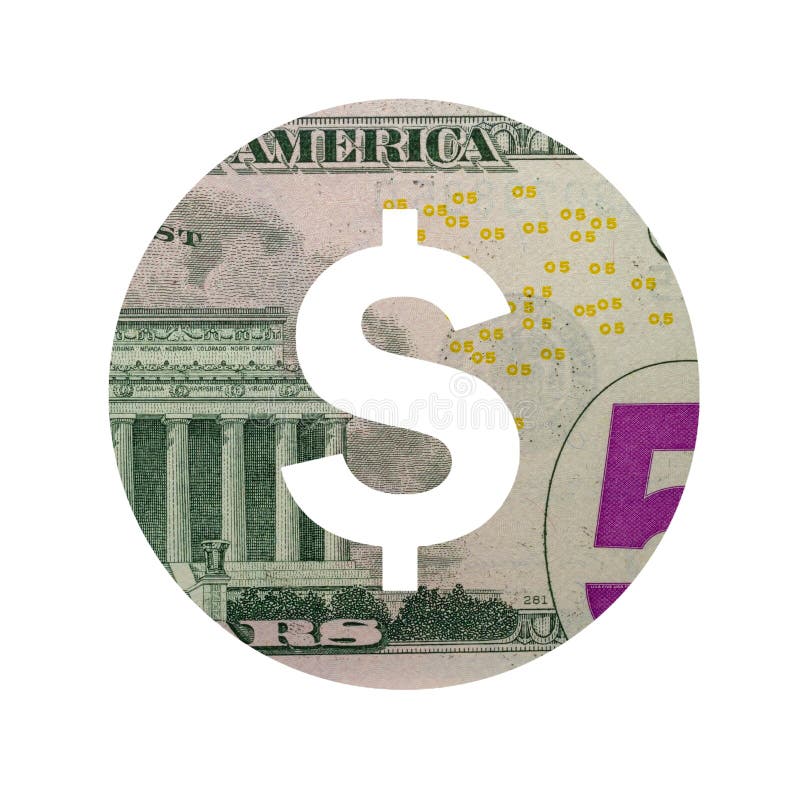 US Dollar Sign Icon with Real 5 Reverse Dollars Banknote Texture ...
