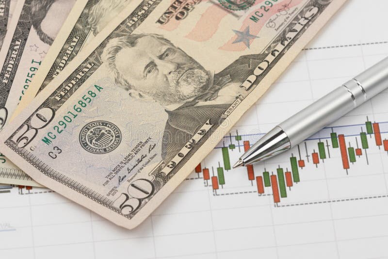 US Dollars and Technical Chart of Financial Instruments on a Table with ...