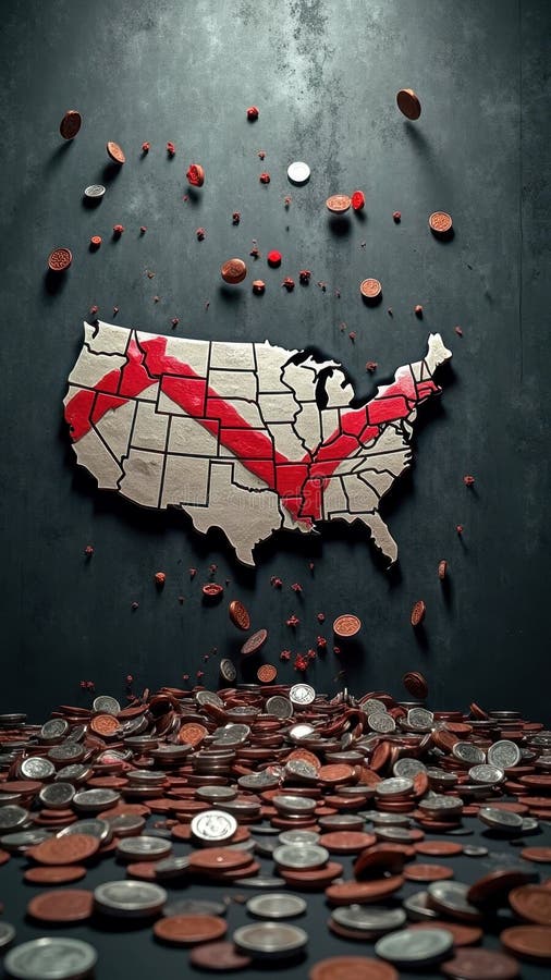 Us Economic Divide: Coins Falling Across Divided Map of America Stock ...