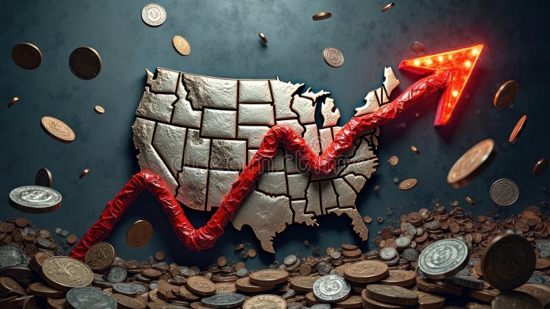 Us Economic Growth Symbolized by Rising Arrow and Coins Across the Map ...
