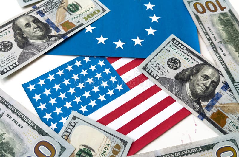 Us and European Union Flags with Dollar Banknotes Stock Image - Image ...
