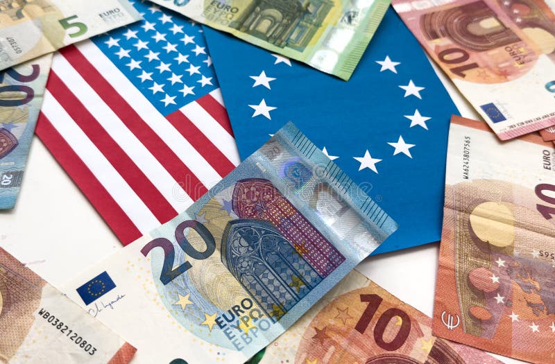 Us and European Union Flags with Euro Banknotes Stock Image - Image of ...