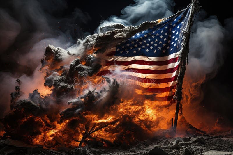 The US Flag is on Fire and Puffs of Smoke. Generated by Artificial ...