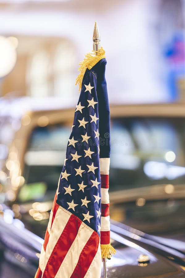 US Flag on an Old Vintage Shiny Car Stock Photo - Image of ...