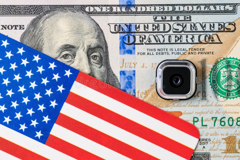 Us Flag Overlapping Hundred Dollar Bill with Credit Card Chip Stock ...