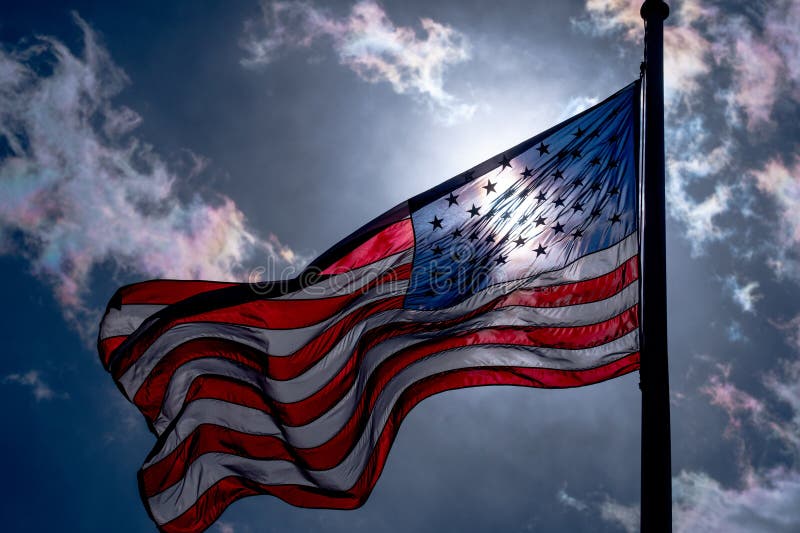 US Flag. Waving American Flag on Dark Dramatic Sky. USA Flag. Stock ...