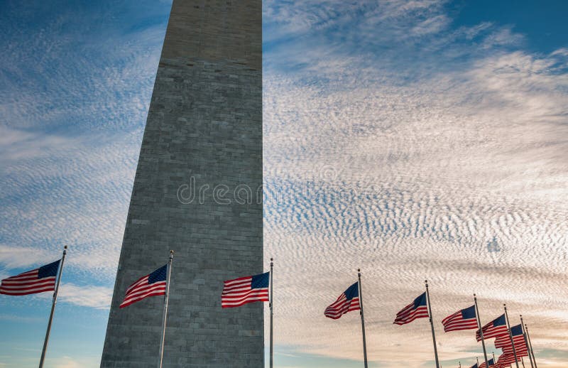 US Flags Surrounding the Washington Monument at Sundown Stock Image ...