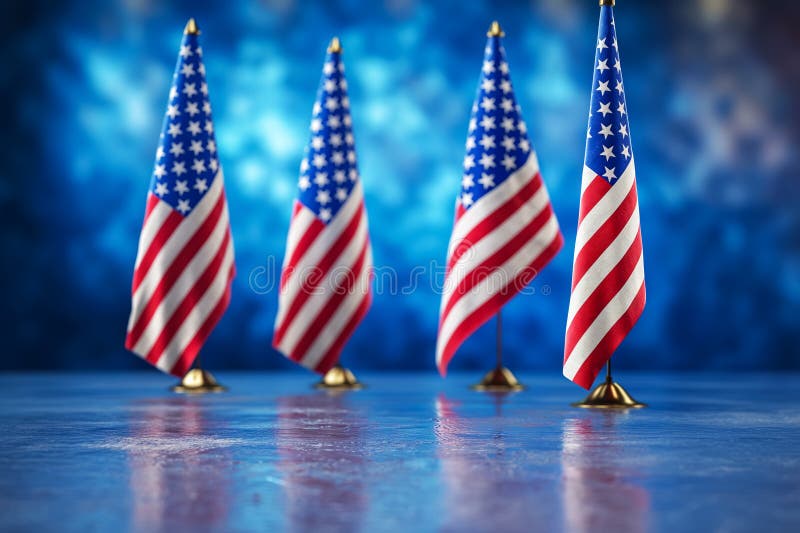 US Flags are on the Table. Banner for the US Elections Stock ...