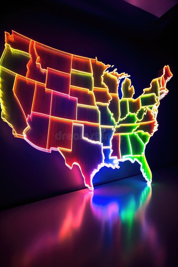 Us Map Shape Formed by Illuminated Neon Tubes Stock Illustration ...