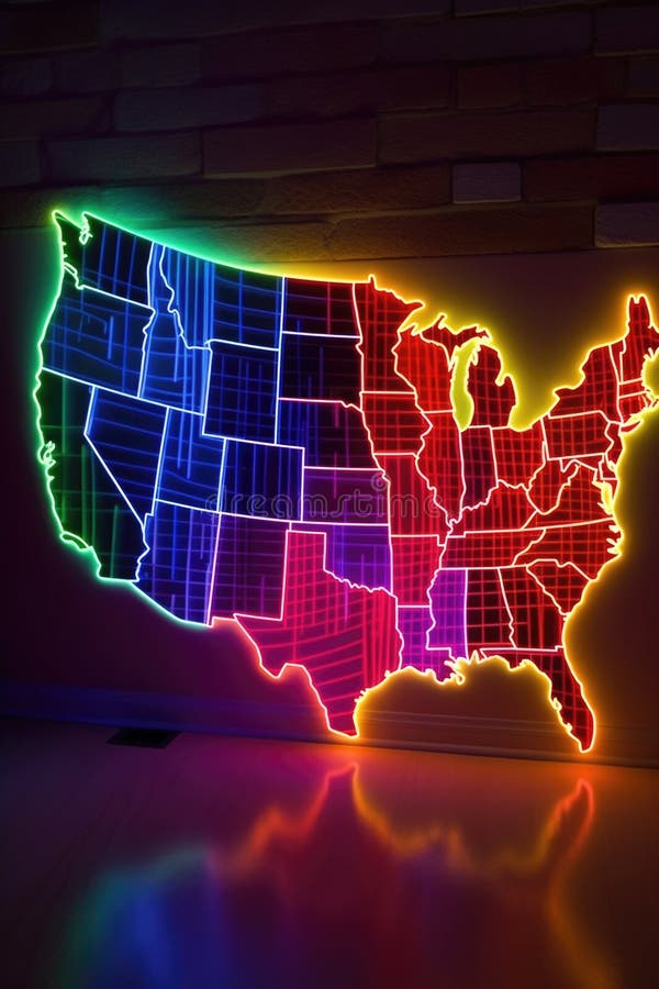 Us Map Shape Formed by Illuminated Neon Tubes Stock Illustration ...