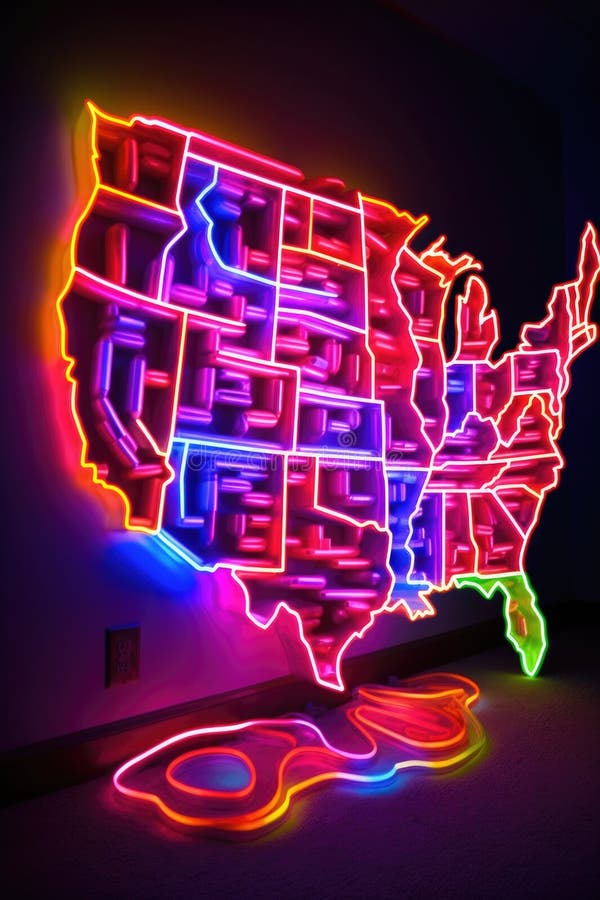 Us Map Shape Formed by Illuminated Neon Tubes Stock Illustration ...
