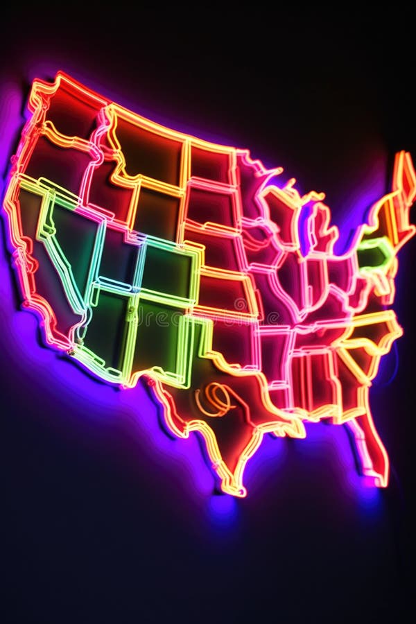 Us Map Shape Formed by Illuminated Neon Tubes Stock Illustration ...