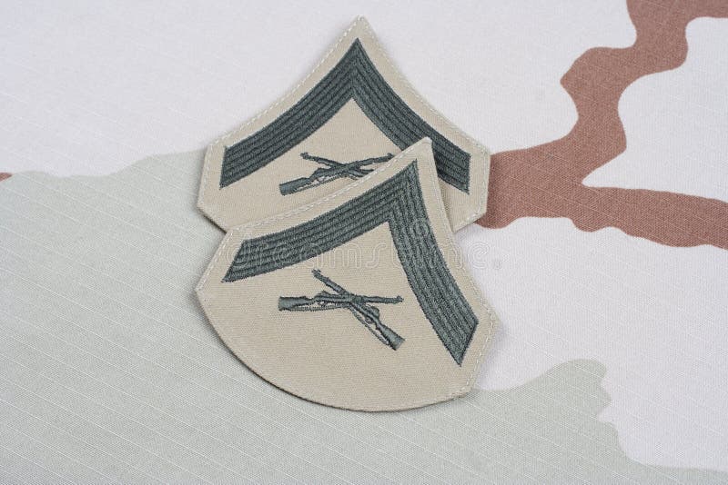 US MARINES Lance Corporal Rank Patch on Desert Uniform Stock Image ...
