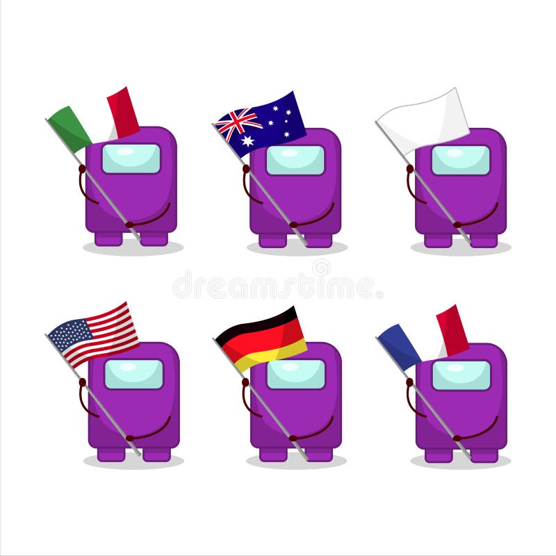 Among Us Purple Cartoon Character Bring the Flags of Various Countries ...