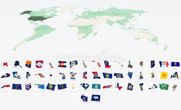 US State Shapes with Flags on a Highlighted World Map Stock Vector ...