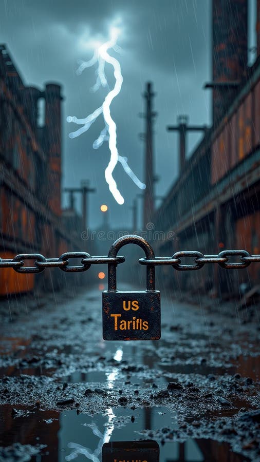 Us Tariffs Concept: Locked Chain in Industrial Storm with Lightning ...