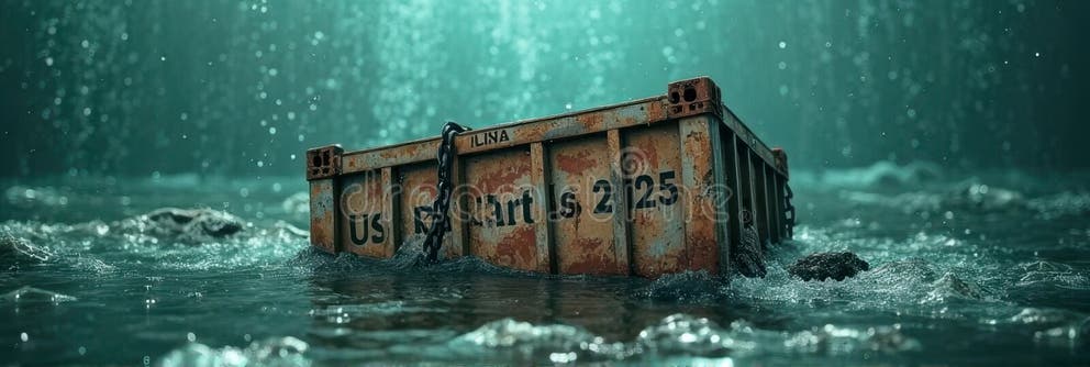 Abandoned Cargo Container Submerged in Ocean Waves Under Rainfall Stock ...