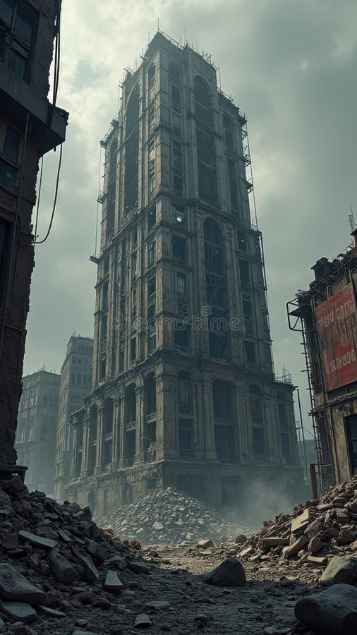 Abandoned Gothic Skyscraper Amidst Urban Ruins Under Cloudy Sky Stock ...