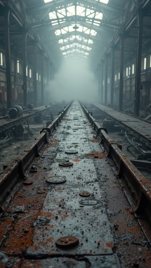 Abandoned Industrial Train Depot with Rusty Tracks and Overcast ...