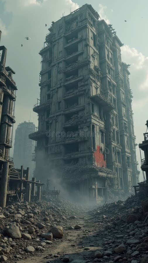 Abandoned Urban Skyscraper in Post-apocalyptic Ruins with Fog and ...