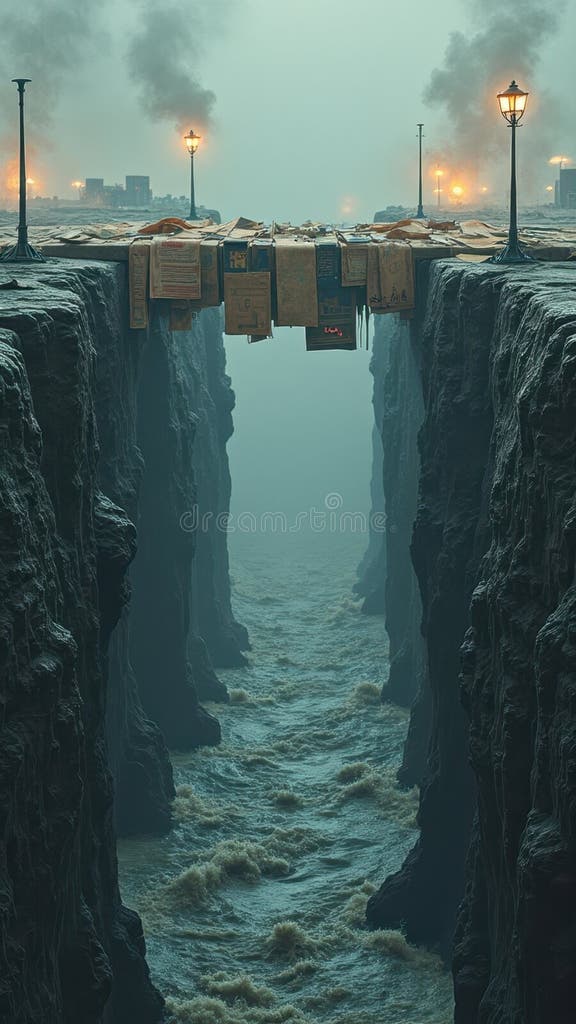 Corrugated Cardboard Bridge Over Misty Gorge with Lamp Posts and ...