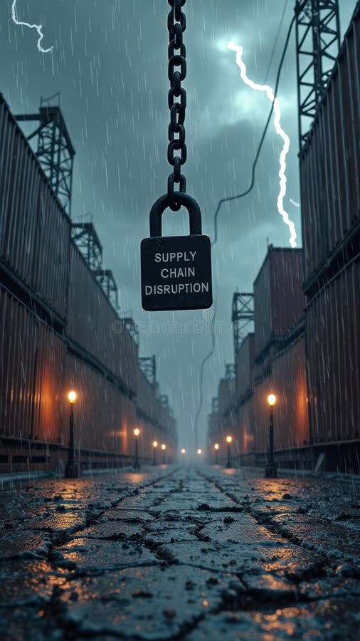 Dramatic Supply Chain Disruption with Padlock, Lightning, and Rain at ...