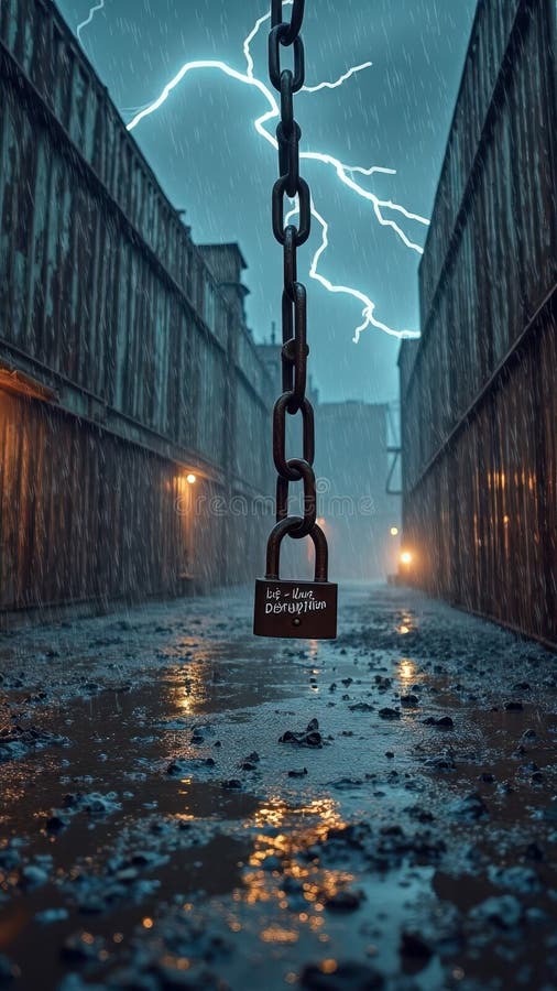 Dramatic Thunderstorm in Urban Alley with Hanging Chain and Lightning ...