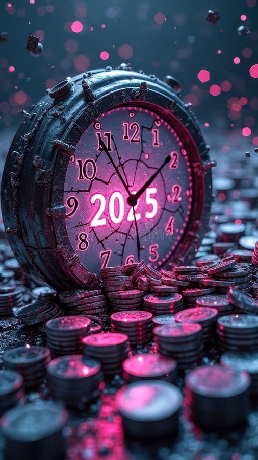 Futuristic Clock Displaying Year 2045 Surrounded by Neon Pink Coins Stock Image - Image of ...