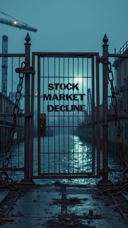 Industrial Waterfront with Gate Signifying Stock Market Decline at Dusk ...