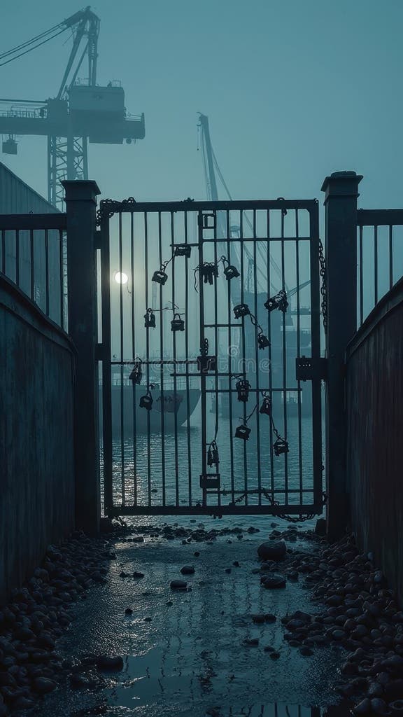 Locked Gate Overlooking Industrial Dock at Dawn with Silhouetted Cranes ...