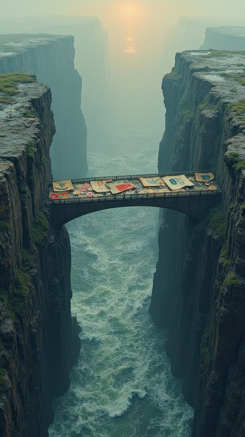 Majestic Canyon Bridge Spanning Rugged Cliffs Over Rushing River at ...