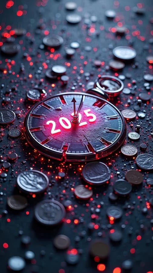 Neon Clock Displaying 2025 with Red Lights Surrounded by Coins ...