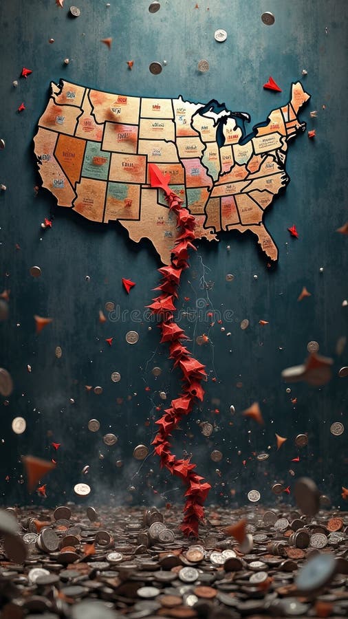 Red Origami Arrow Pierces Us Map Surrounded by Falling Coins and Paper ...