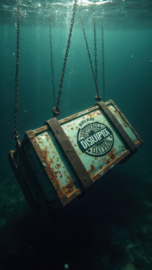 Rusty Sunken Metal Chest Suspended Underwater by Chains in Clear Ocean ...