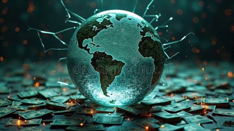 Shattered Glass Earth with Dollar Bills and Sparks Symbolizing Economic ...