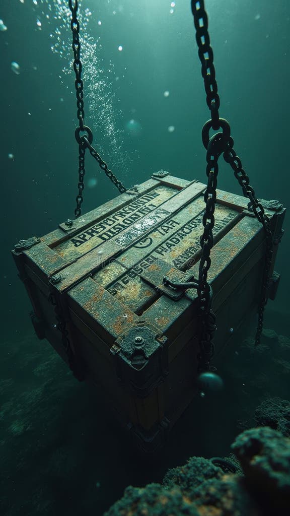 Submerged Rusty Crate Underwater with Chains and Bubbles Stock Image ...