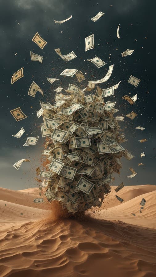Surreal Money Tornado in Dramatic Desert Landscape Stock Image - Image ...