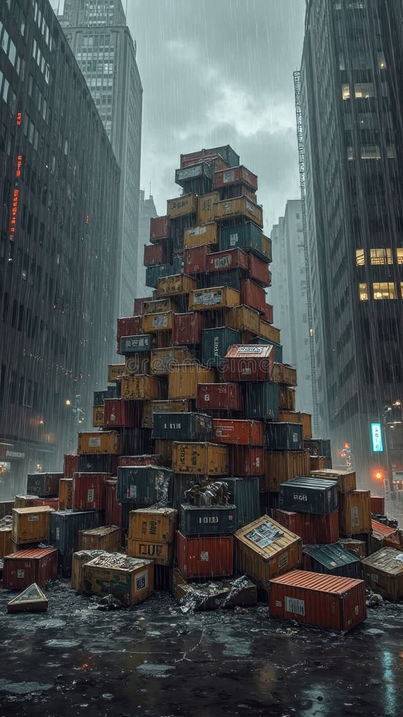 Towering Stack of Shipping Containers in Rainy Urban Environment Stock ...