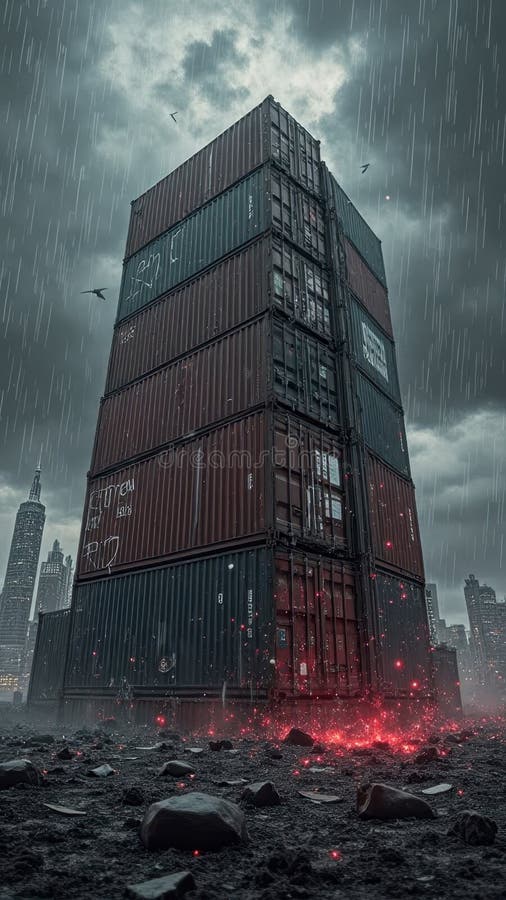 Towering Stacked Shipping Containers in Rainy Cityscape with Mysterious ...