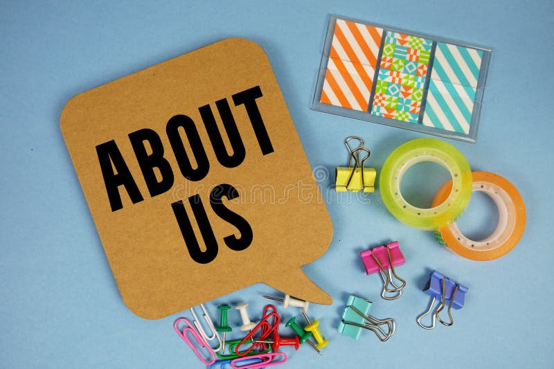About Us Text with Stationery on Blue Background Stock Image - Image of ...