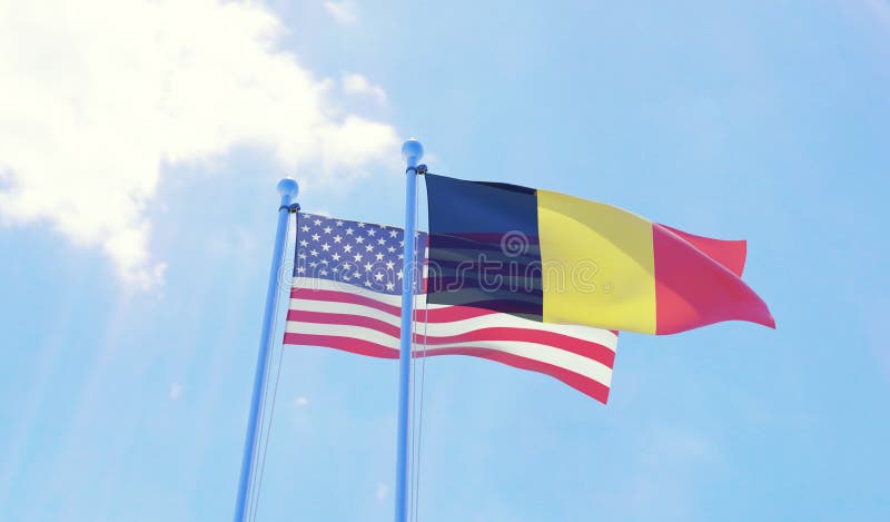Flags Of Belgium And The USA Against Blue Sky, 3D Rendering Stock ...
