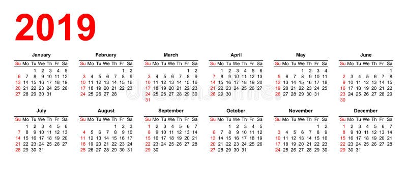 USA Calendar Grid 2019 in Vector Stock Vector - Illustration of planner ...