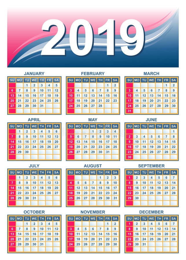 USA Calendar Grid 2019 in Vector Stock Vector - Illustration of ...