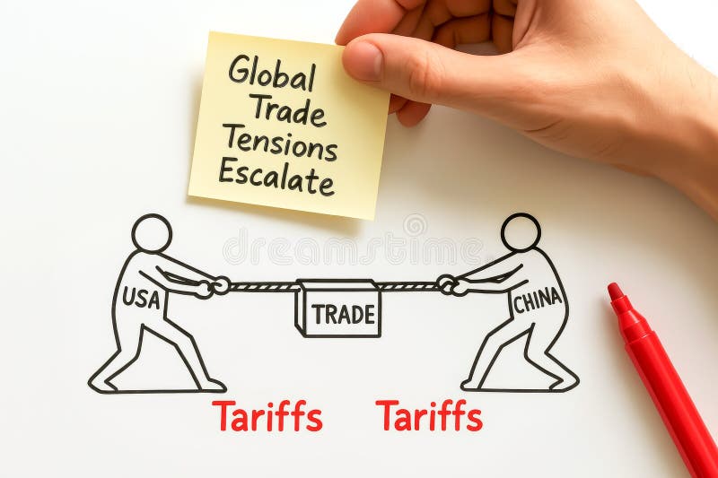 USA and China Pulling on Trade Box in Tariff Tug of War Stock Image ...