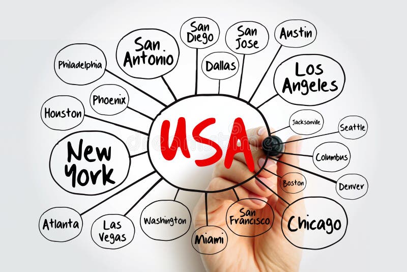 USA Cities Mind Map Flowchart with Marker, Travel Business Concept ...