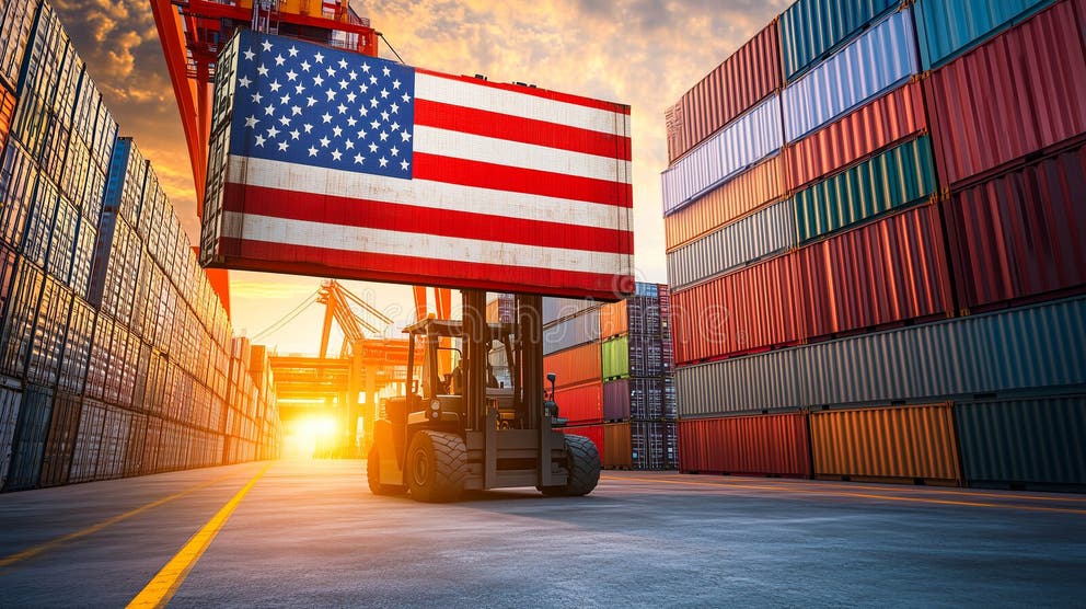 USA Container Cargo Freight Ship, Forklift Handling Container Box ...