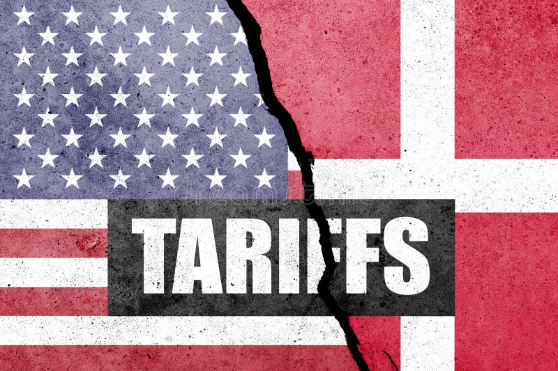 USA and Denmark Flags Painted on the Concrete Wall with Word TARIFFS ...