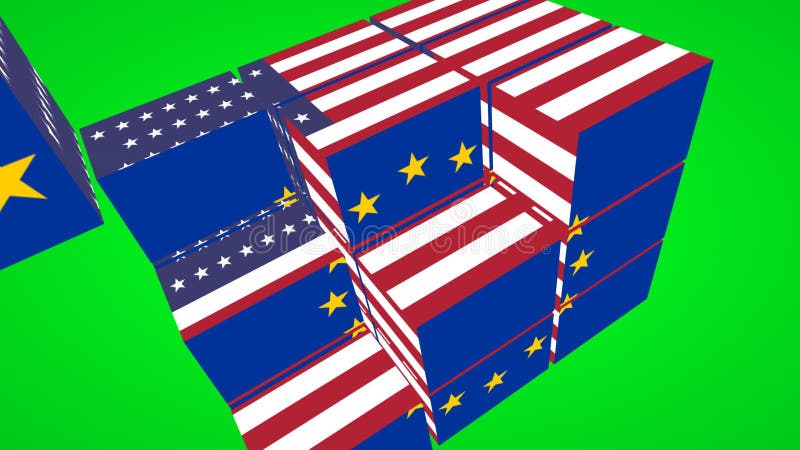 Usa and EU Flags on Cube Concept Isolated on Green Screen Stock Video ...