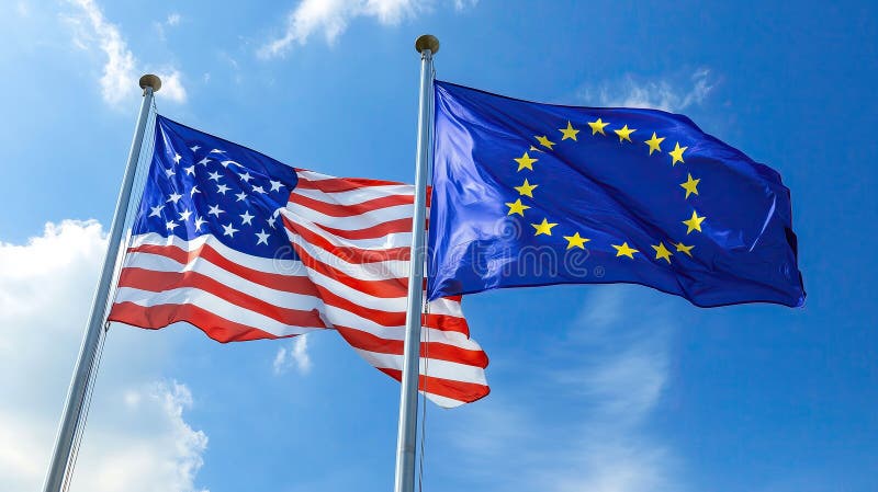 USA and EU Flags Flapping in Blue Sky, Symbolizing Unity and ...